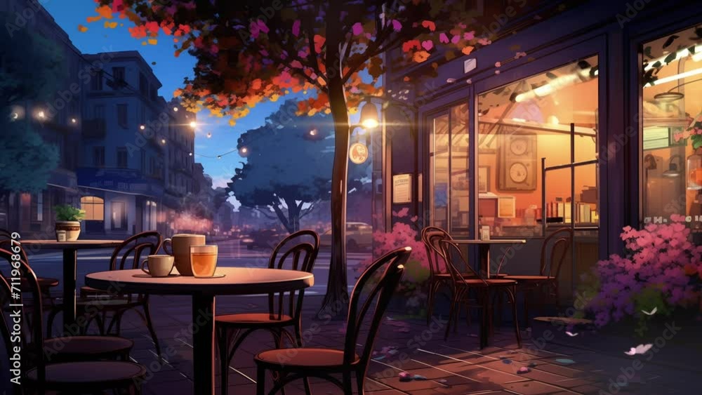 Animated illustration of a coffee shop street scene with a table and a ...