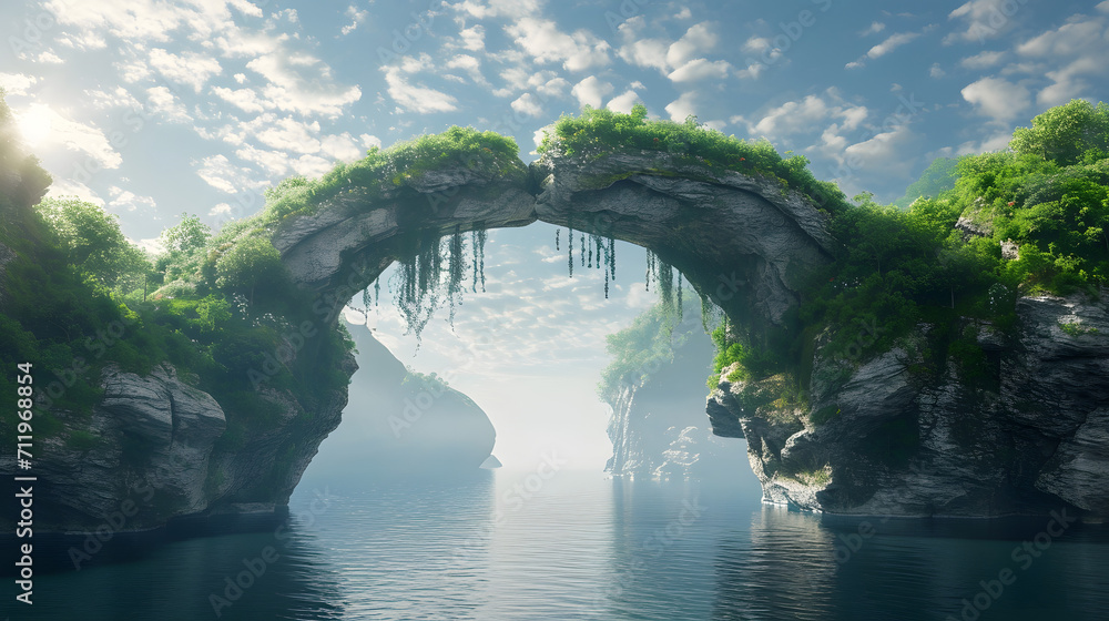 arch bridge between two islands, surreal background, surreal art ...