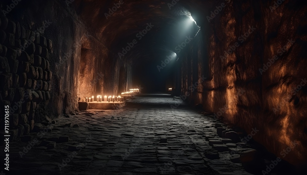 eerie, never ending medieval catacombs lit by flames. Concept of a ...