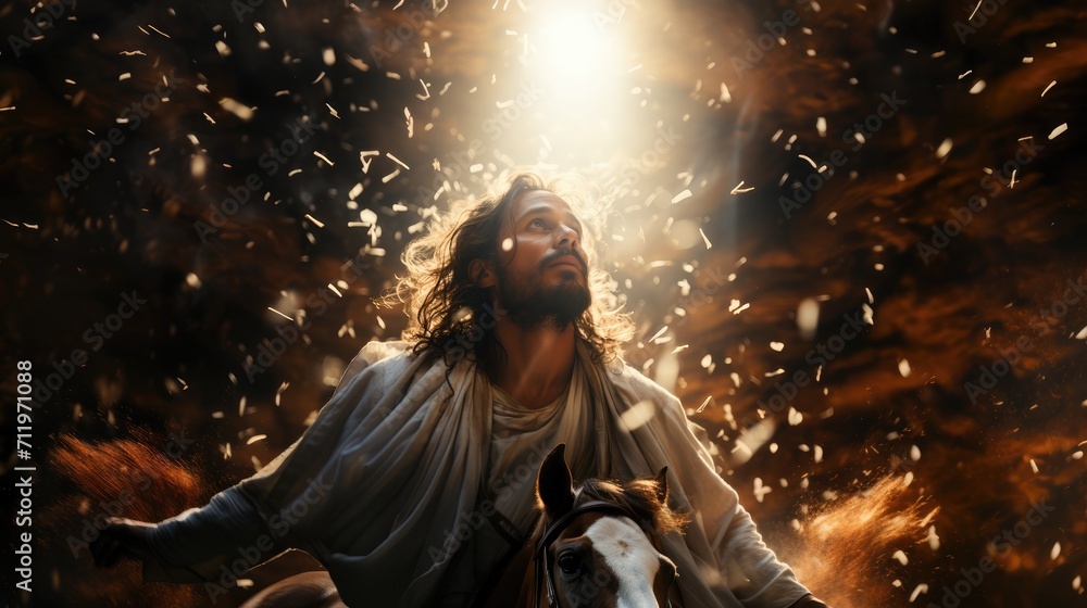 jesus coming in the sky with his heavenly angel armies. Stock ...
