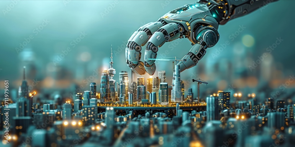 Robotic arm presenting a futuristic city model with skyscrapers and ...