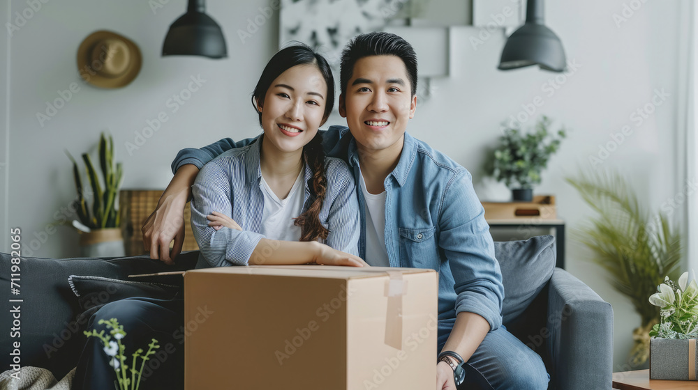 Happy asian young attractive couple man and woman with big boxes moving into a new house, new ...