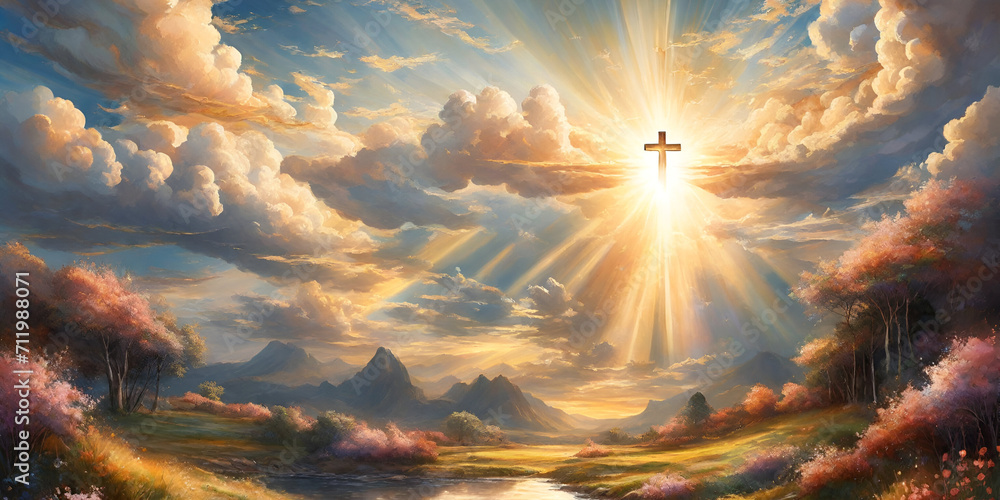 Jesus rises from the dead and ascends to heaven as witnessed by a cross ...