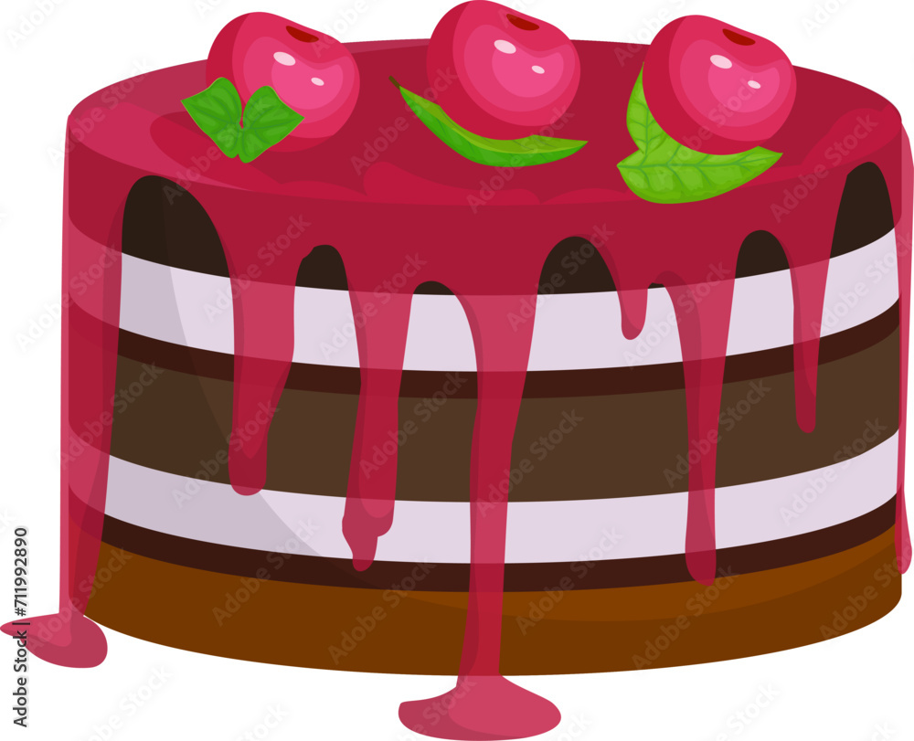 Layered chocolate cake with pink icing and cherries on top. Dessert ...