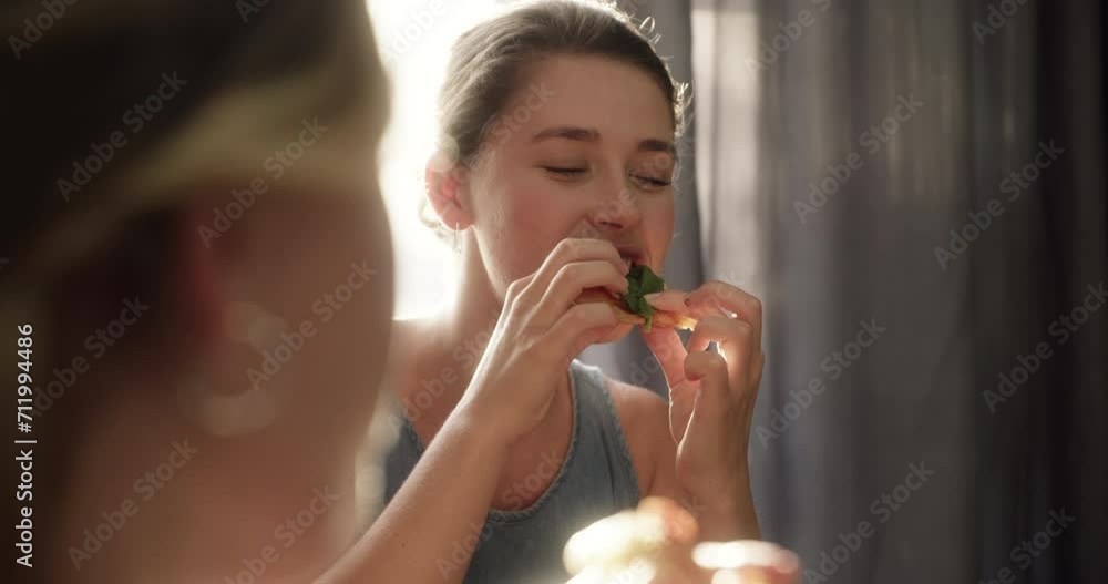 Pizza, woman or friends eating in home in celebration of holiday ...