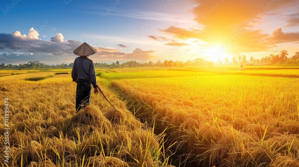 Amidst ripened rice stalks, an Asian woman radiates grace as she ...