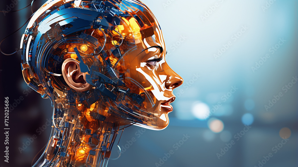 techno background with abstract head of the humanoid robot android with ...