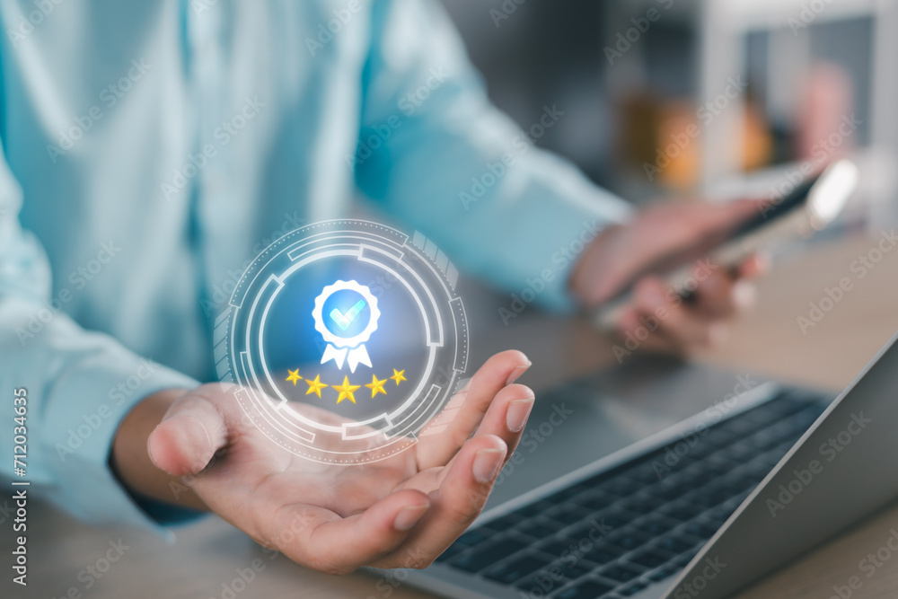 Quality control certificate checklist concept. Businessman high quality ...