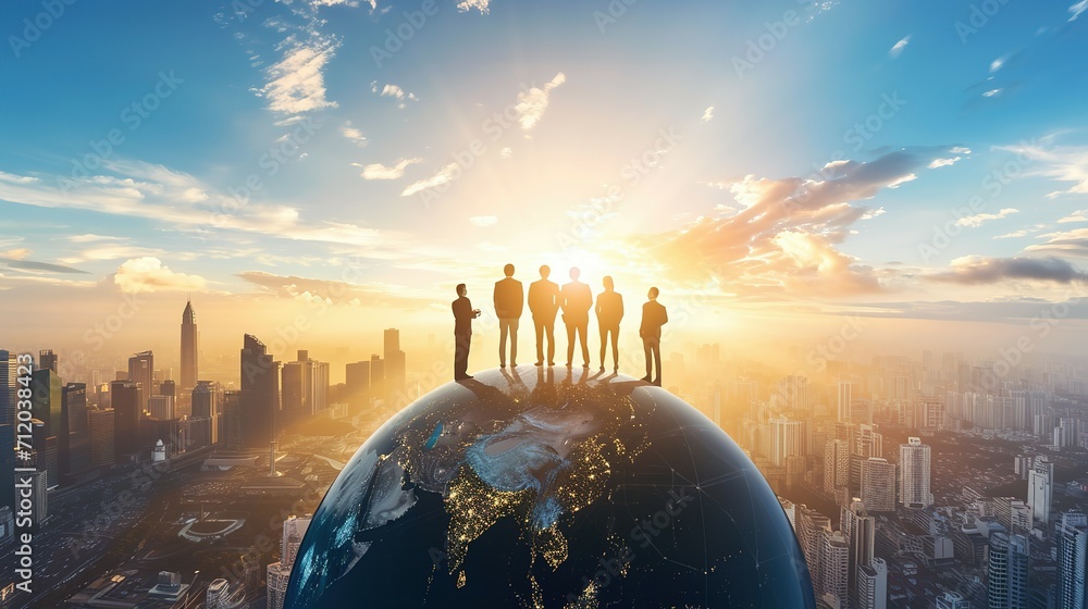 A team of business leaders atop a detailed globe, scanning the skyline ...