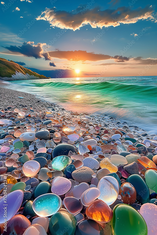 Natural polish textured sea glass and stones on the seashore. Azure ...