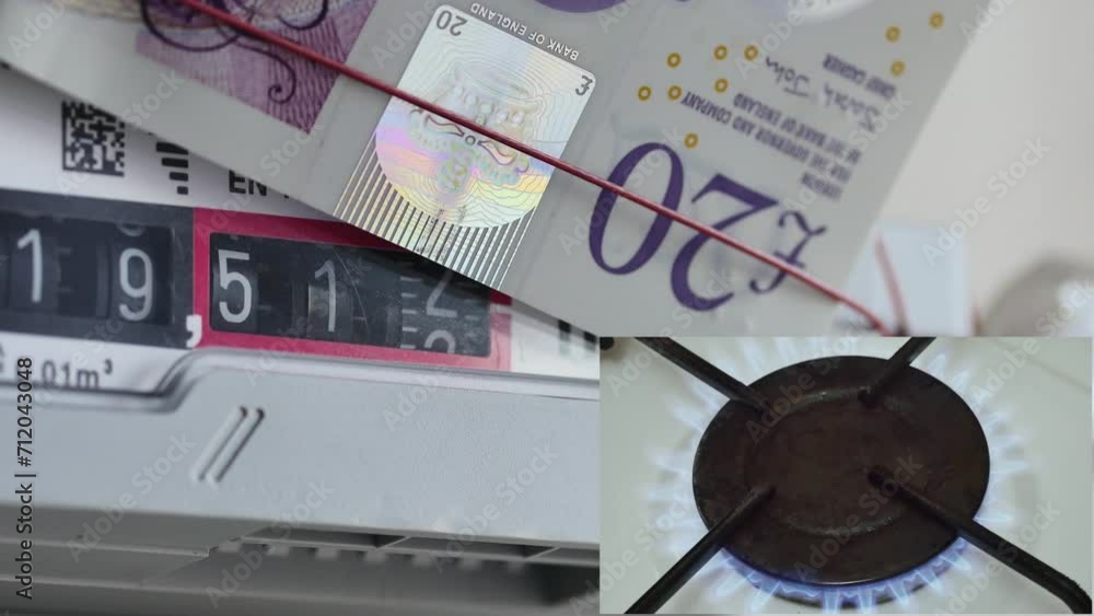 video collage of rotating numbers in a gas meter with a 20 pounds note ...