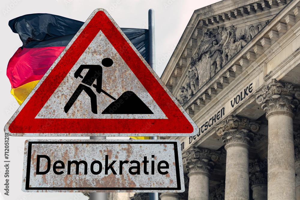 Flagge von Deutschland, Reichstag und Baustelle Demokratie Stock Photo ...