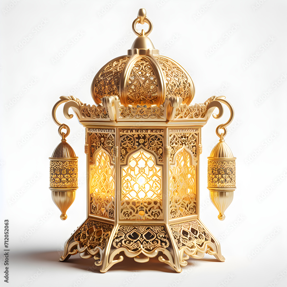 This vivid artwork shows an ornamental Ramadan lantern with golden ...