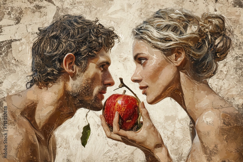 ภาพประกอบสต็อก Adam and Eve with an apple. The concept embodies temptation and choice. ภาพ ...