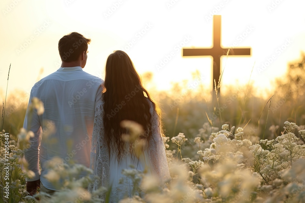 Back of couple in white clothes getting married on the cross of Jesus ...