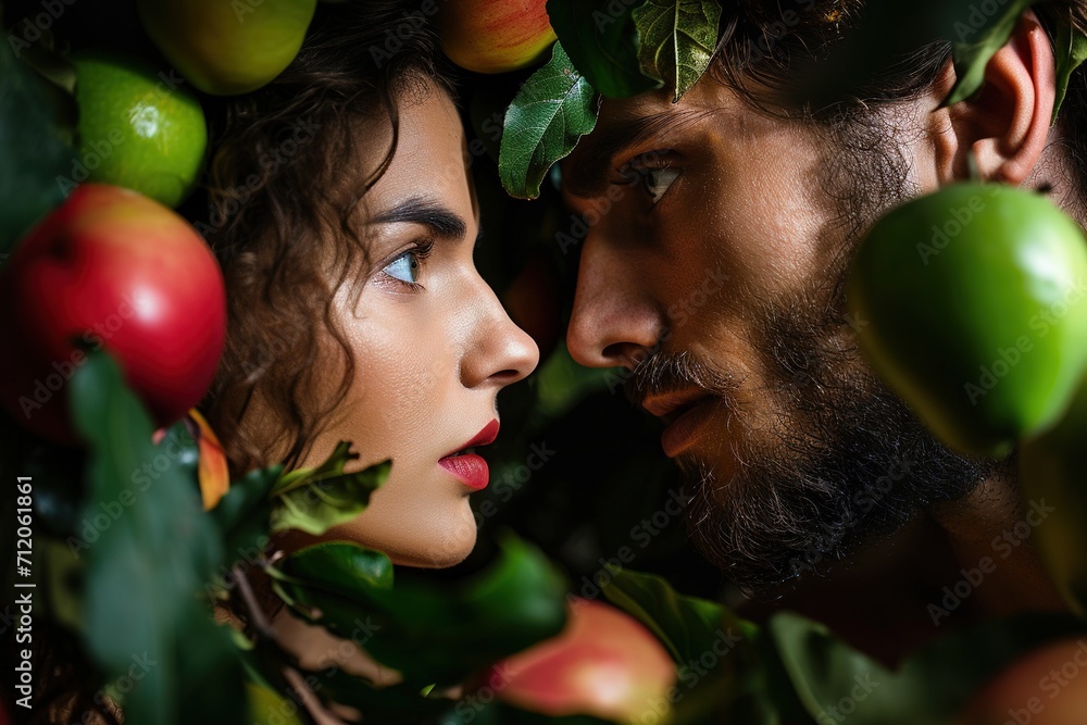 Adam and Eve with a tempting fruit. The concept embodies temptation and choice. Stock-Foto ...