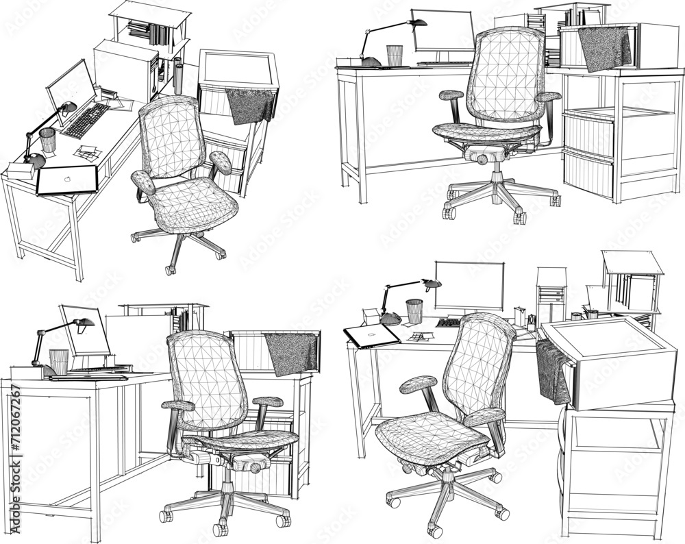 Vector sketch illustration of the interior design of a guy's work desk ...