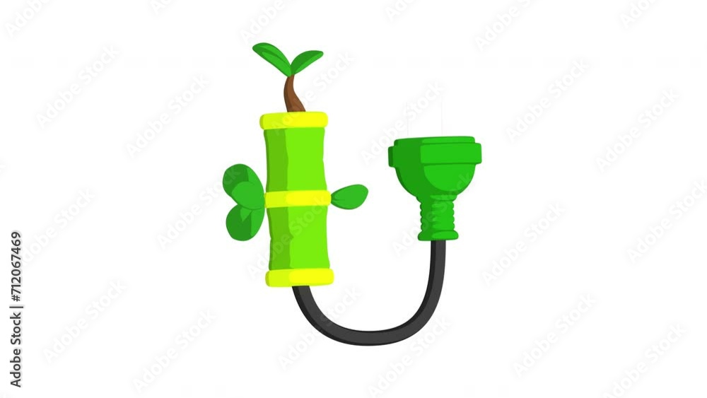 Cartoon green plant and power plug floating animation with ...