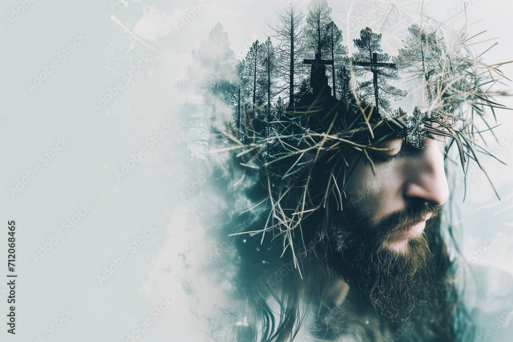 Double exposure of Jesus Christ wearing crown of thorns Passion and ...