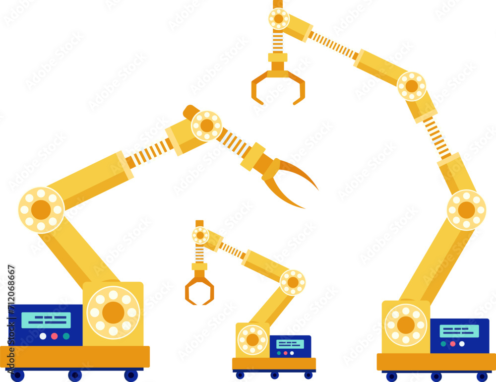 Robotic arms with various end effectors on white background. Industrial ...