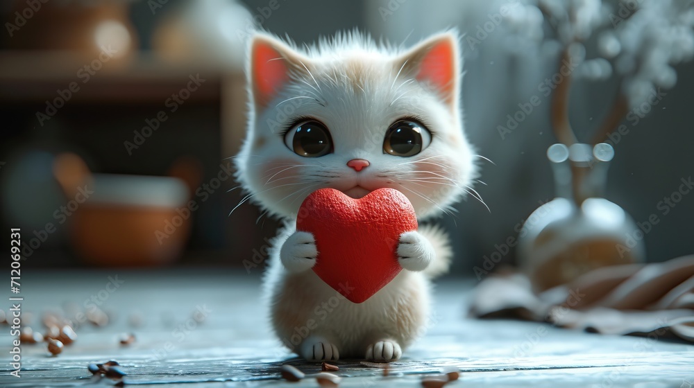 Petit chat trop mignon qui tiens un cœur pour la saint valentin Stock ...