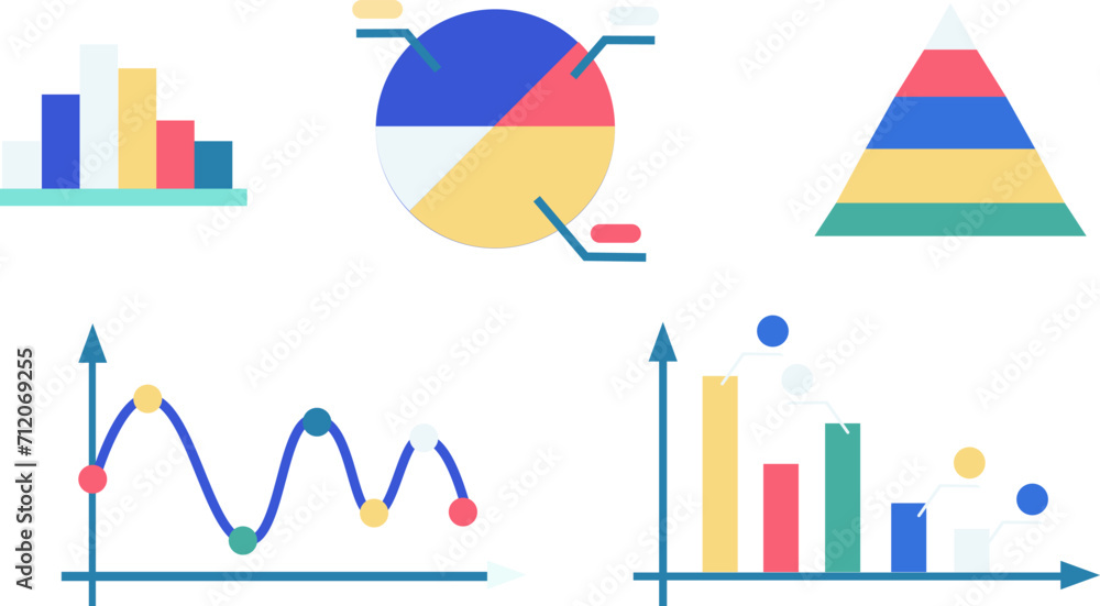 Set of colorful infographic elements including bar graph, pie chart, line graph, and pyramid ...