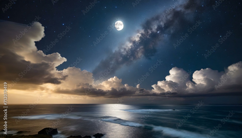 a breathtaking view of the night sky, where the moon casts a gentle ...