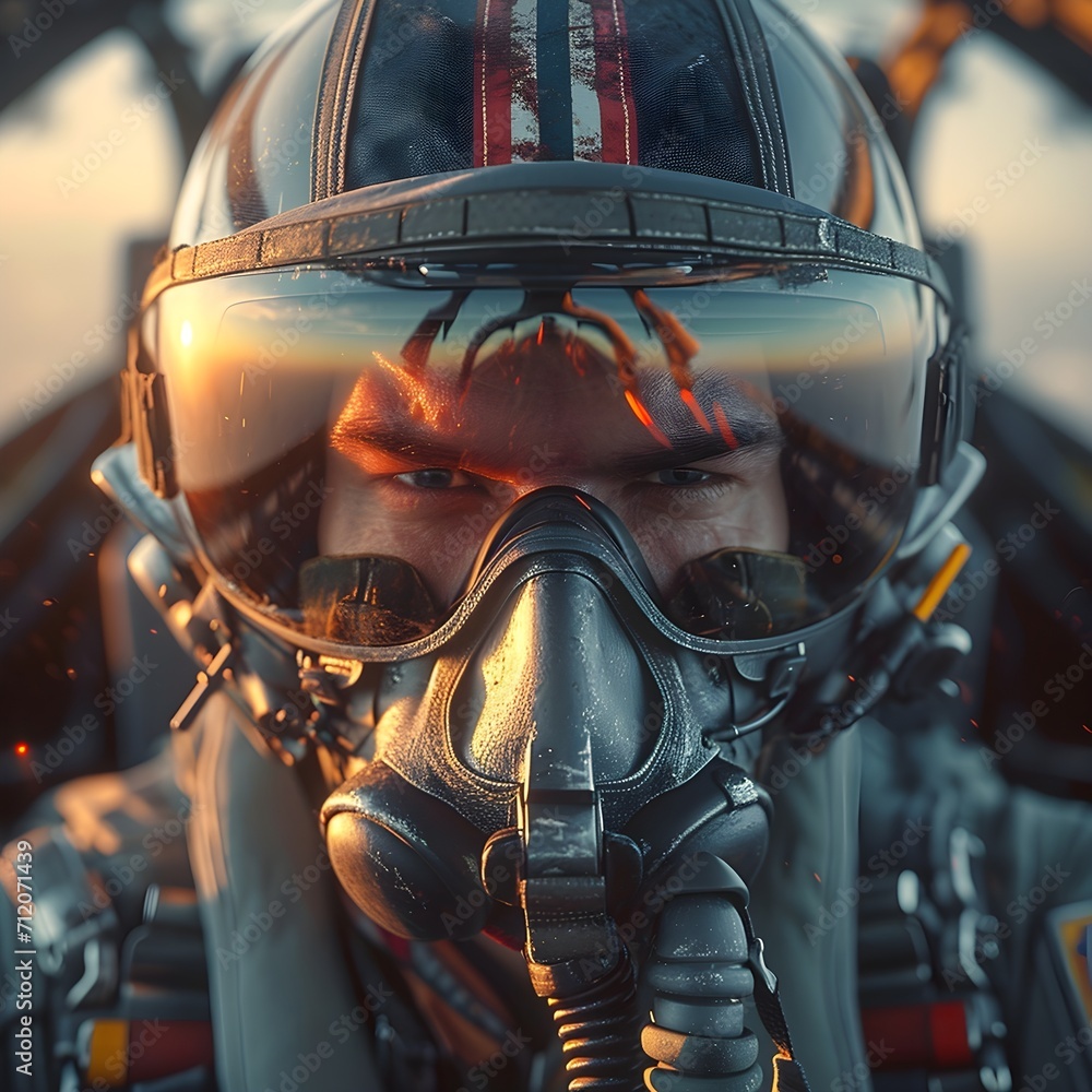 Fighter pilot's close up shot in the cockpit of the fighter jet. Flying ...