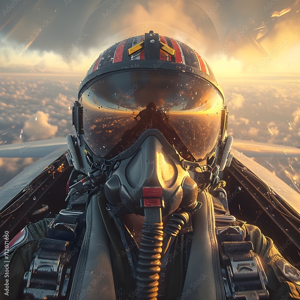 Fighter pilot's close up shot in the cockpit of the fighter jet. Flying ...