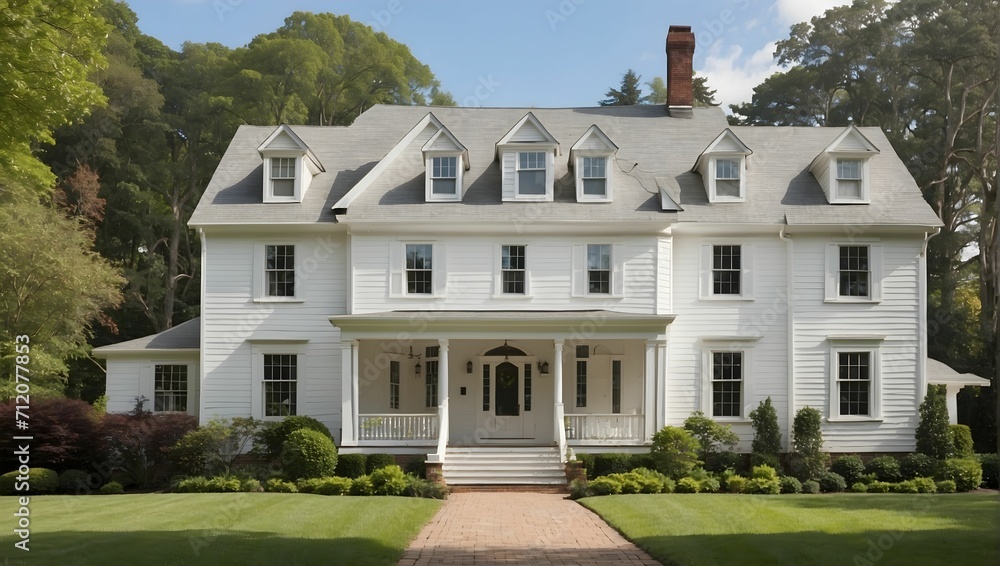 early 20th century white clapboard center entry colonial mansion with ...