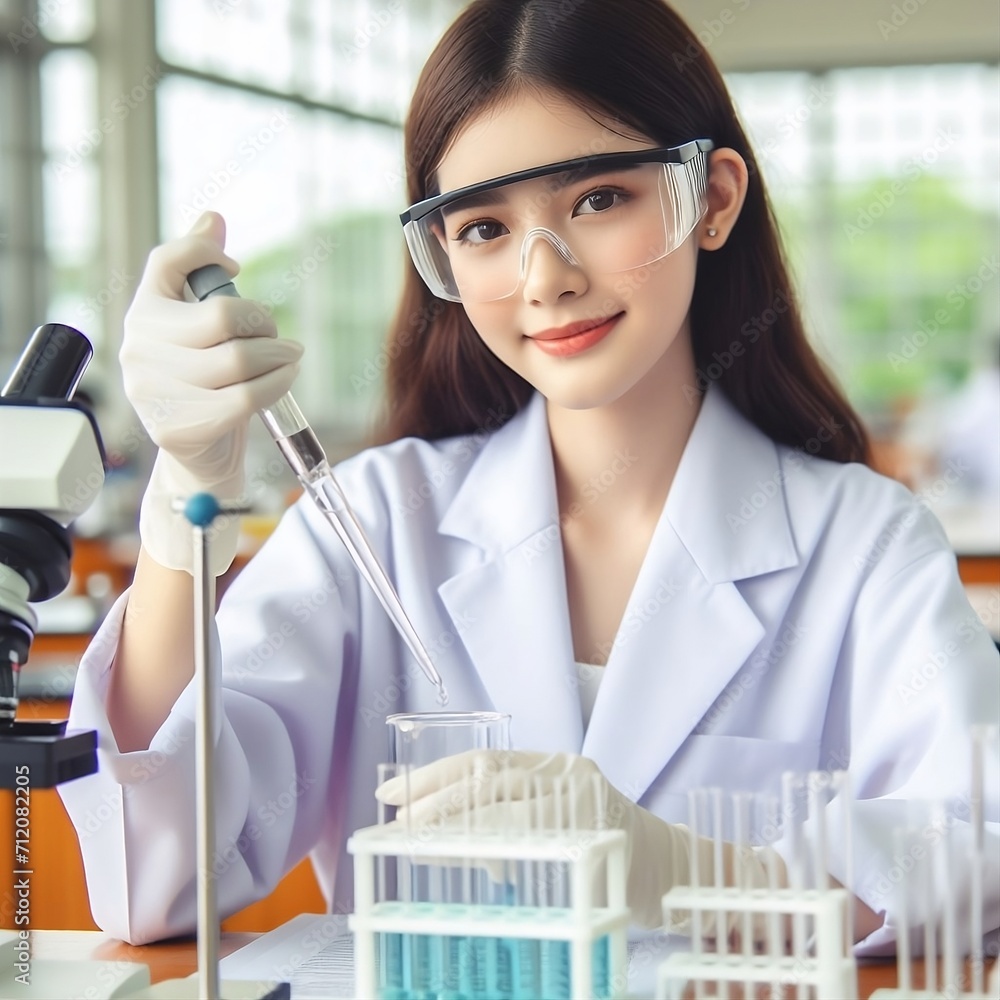A young girl wearing lab coat and goggles doing a titration of chemistry experiment in a ...