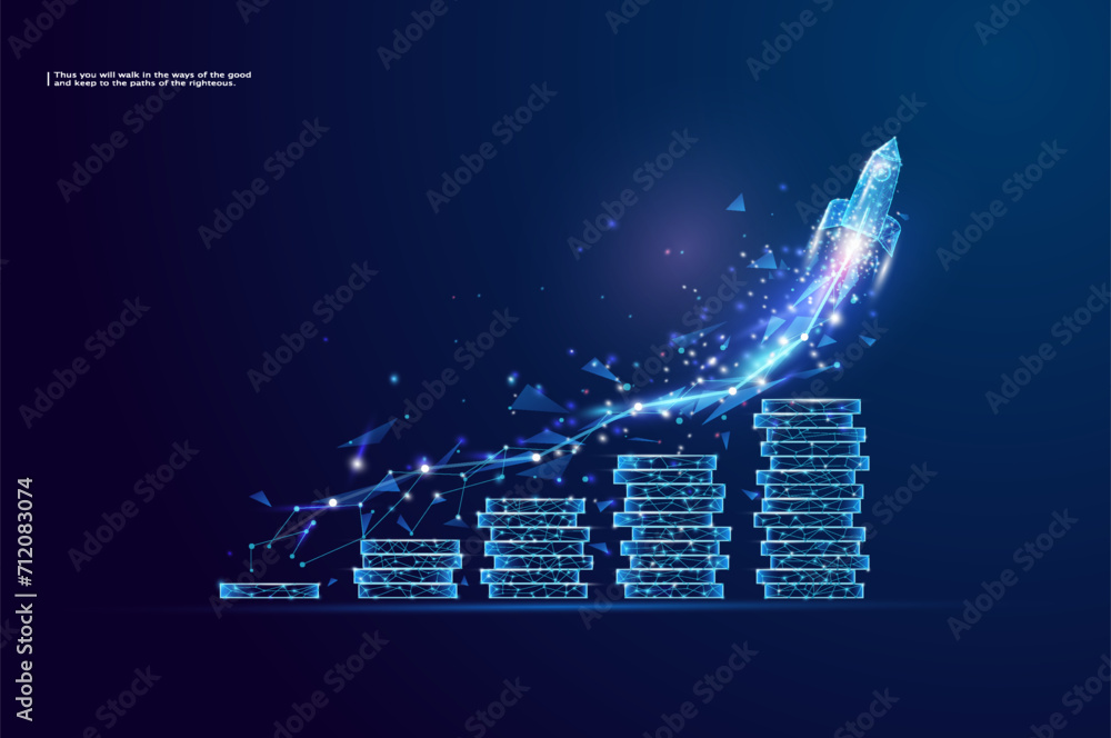 Growth graph chart with launch rocket on technology blue background ...