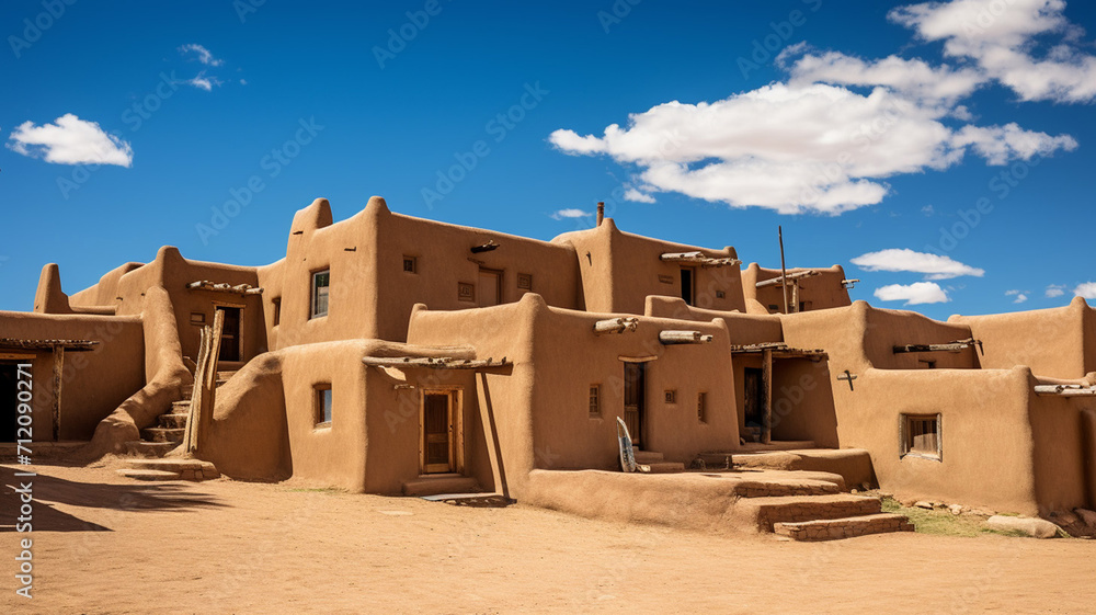 A traditional adobe pueblo in New Mexico under a clear sky Stock ...