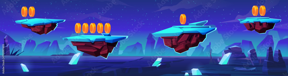 Game level route with coins to collect on floating land islands on ...