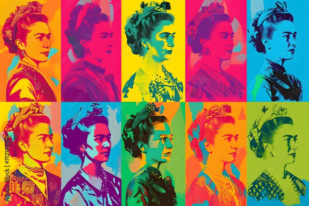 A vibrant pop art collage of iconic female portraits, celebrating ...