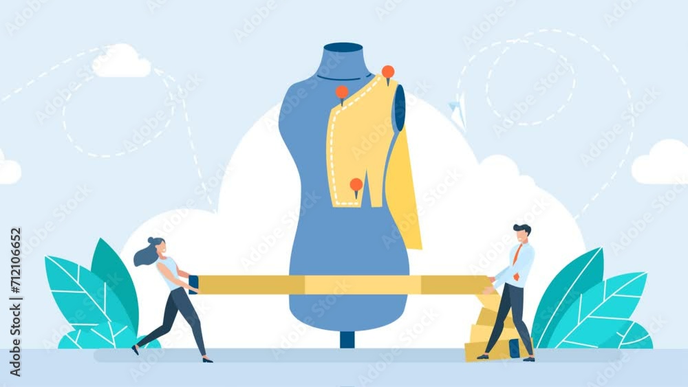 Tiny people with mannequin. Fitting on clothes on mannequin. Process of ...