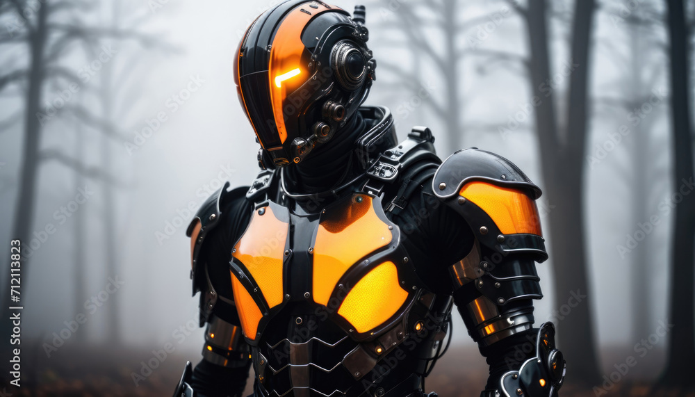 AI generated illustration of a Faceless Cyborg in black and orange ...