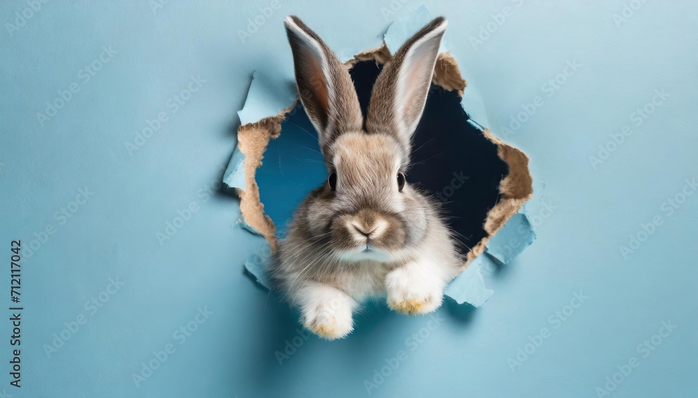 Bunny peeking out of a hole in blue wall, fluffy eared bunny easter ...