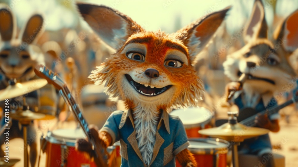 Cartoon music band of anthropomorphic animals, each playing a unique ...