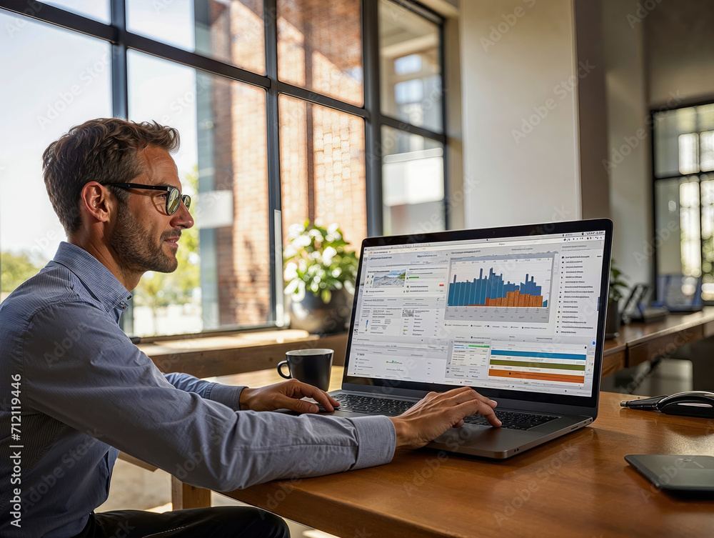 Man sitting in an office desk with a computer monitor displaying charts ...