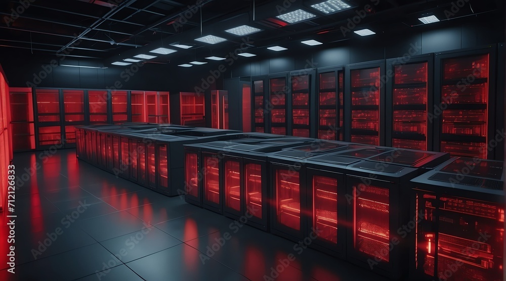 Top aerial view of big data center with rows of server racks in a red ...