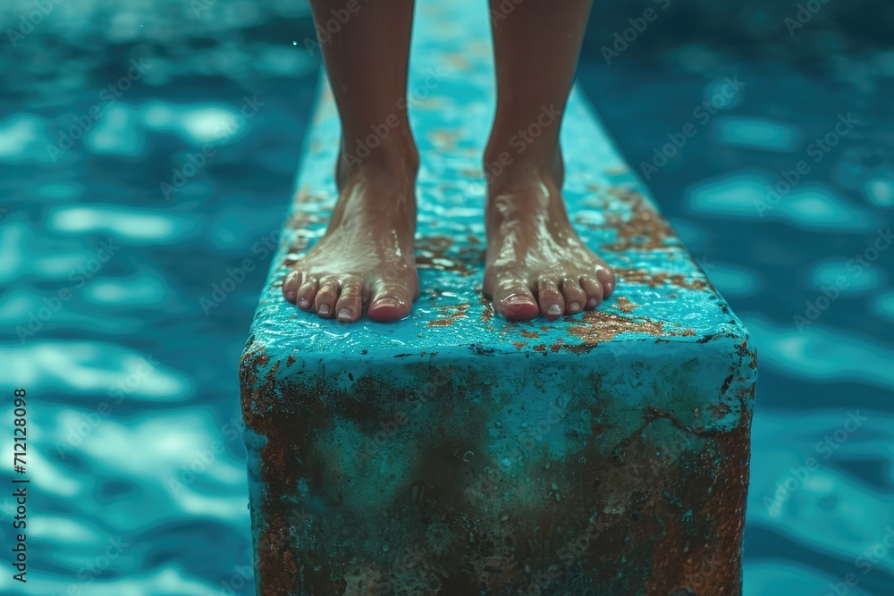 Detailed shot of a diver's feet on the edge of a diving board ...