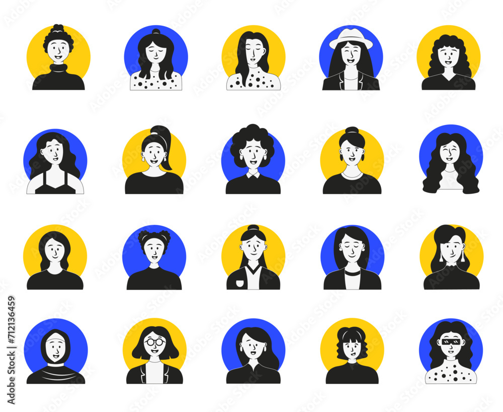 Beautiful female avatars. Woman portrait. User profiles. Hand drawn ...