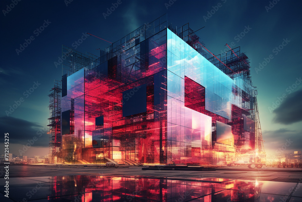 3D Render Futuristic City Neon Light scene. Cityscape Tron Light Glow ...