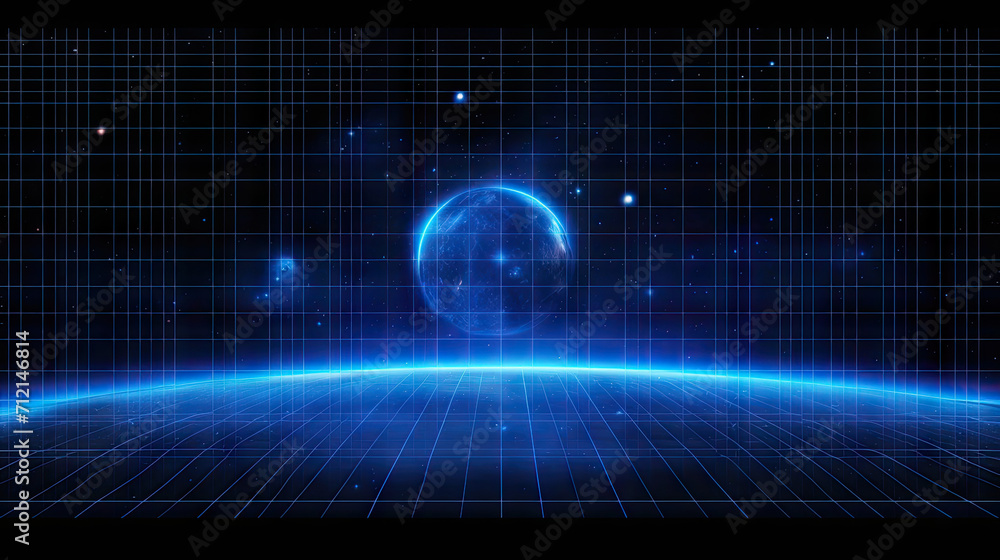 blue grid background with spaceship images and stars,A blue neon grid ...