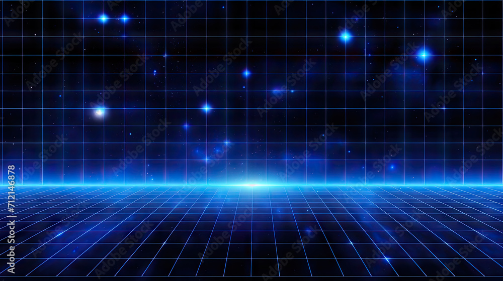 blue grid background with spaceship images and stars,A blue neon grid ...