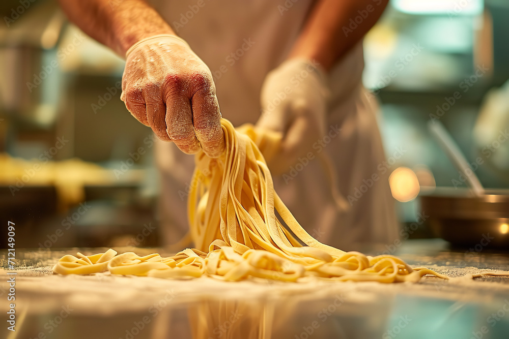 Capture an authentic photograph of a chef hand-rolling pasta in a ...