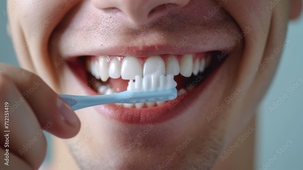 beautiful mouth of man with hand holding brush brushing, young man ...