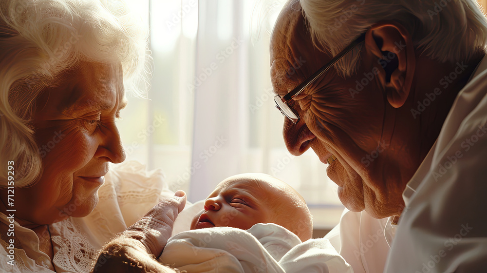 Family, elderly couple cradles newborn baby grandson. Love, generations ...