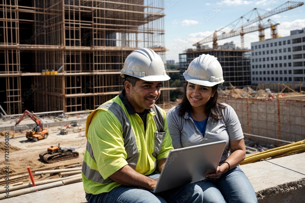 two construction worker professionals collaborating at a large ...